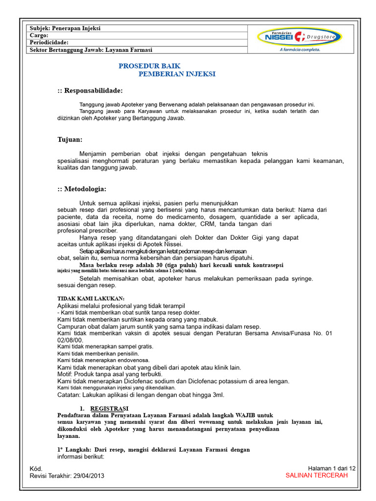Prosedur Pemberian Injeksi Aman di Apotek | PDF