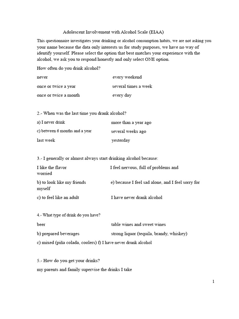 Adolescent Involvement Scale with Alcohol | PDF | Alcoholic Beverages ...