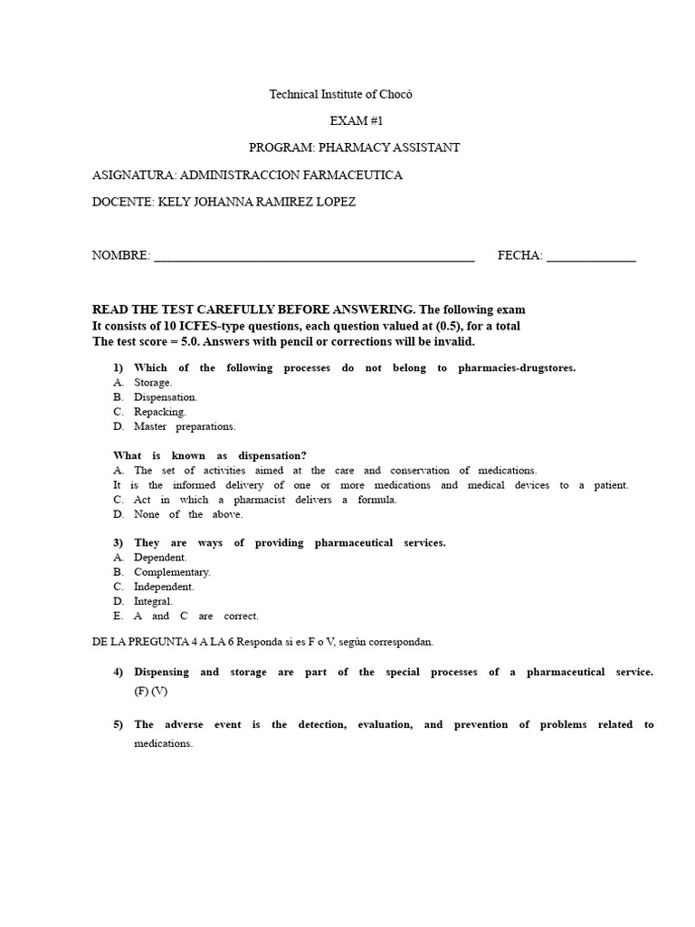 Pharmacy Assistant Exam - Administration | PDF