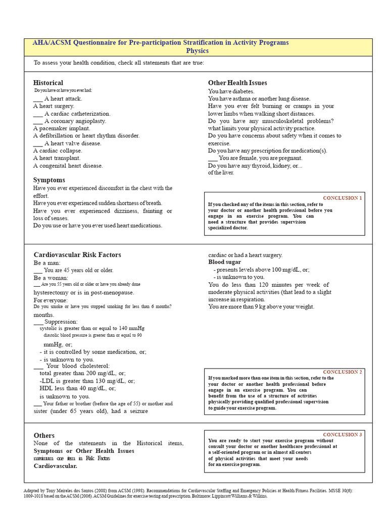 AHA and ACSM Questionnaire | PDF | Heart | Blood Pressure