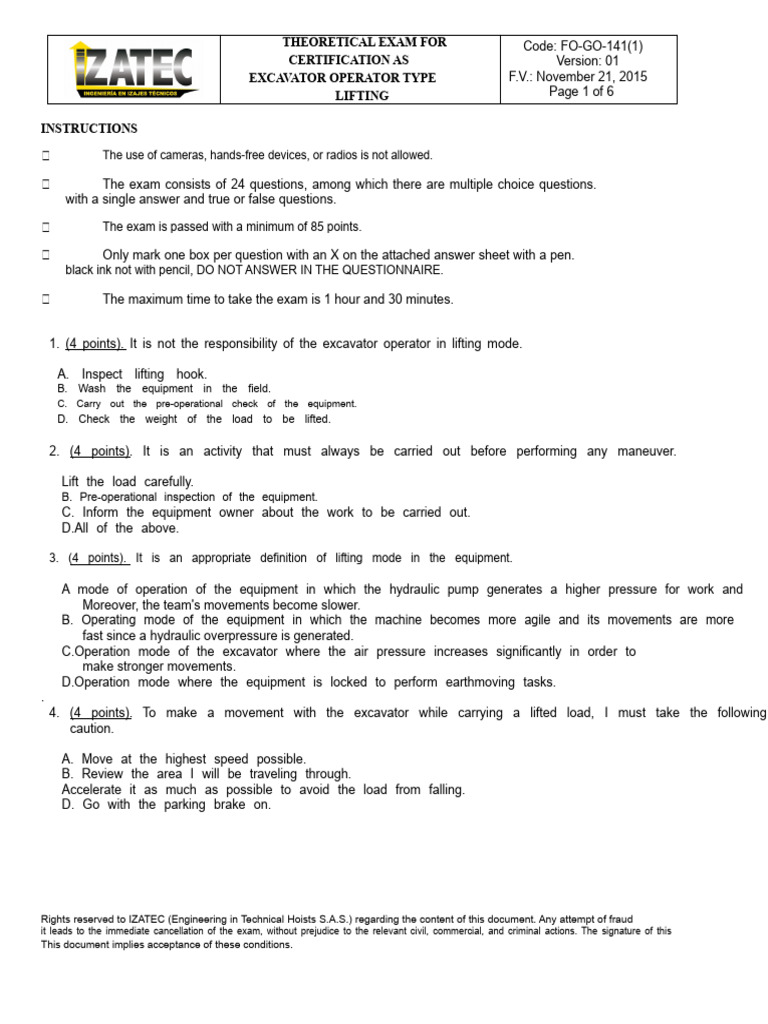 FO-GO-141 (1) Theoretical Exam For Certification As Excavator Lifting ...