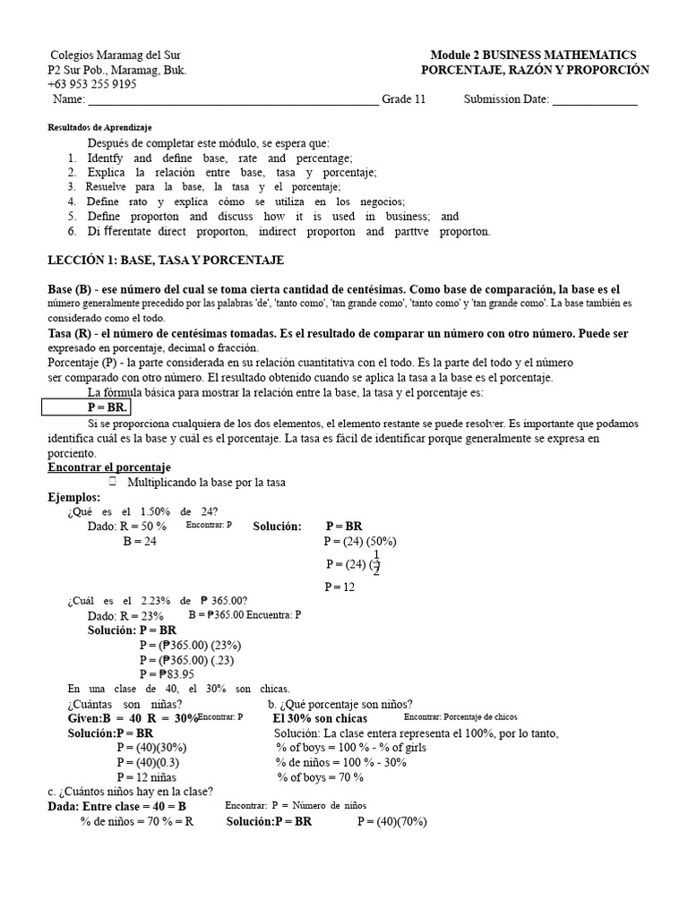 Matemáticas Empresariales: Porcentaje y Proporción | PDF | Porcentaje ...