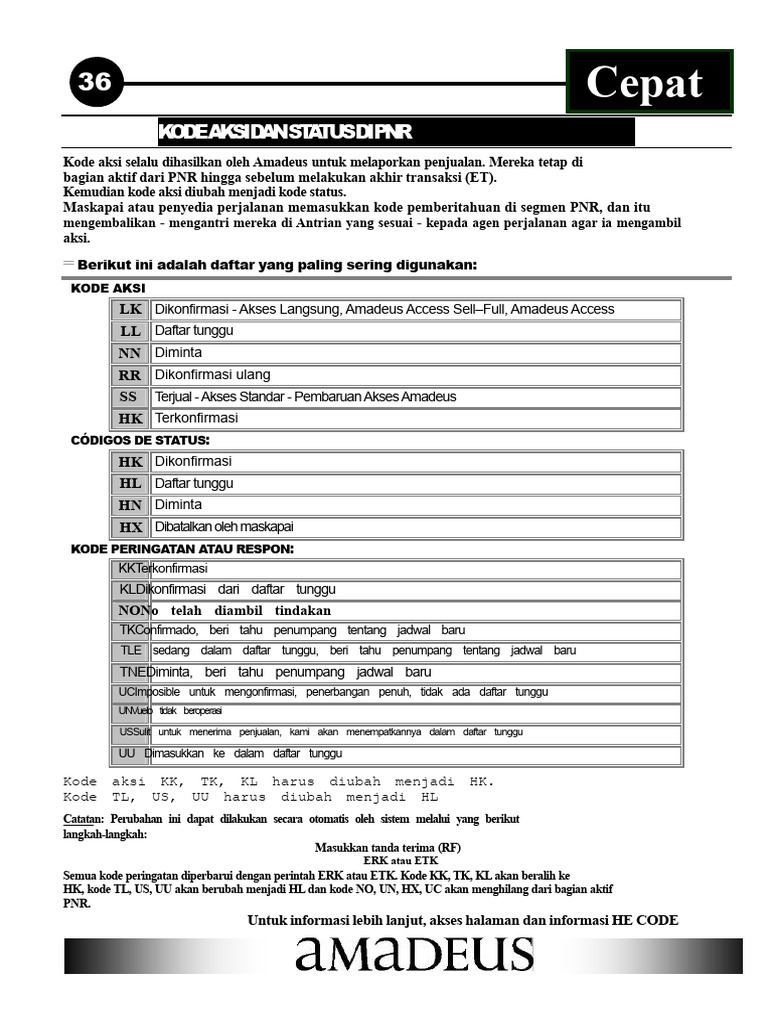 Kode Aksi dan Status PNR Amadeus | PDF