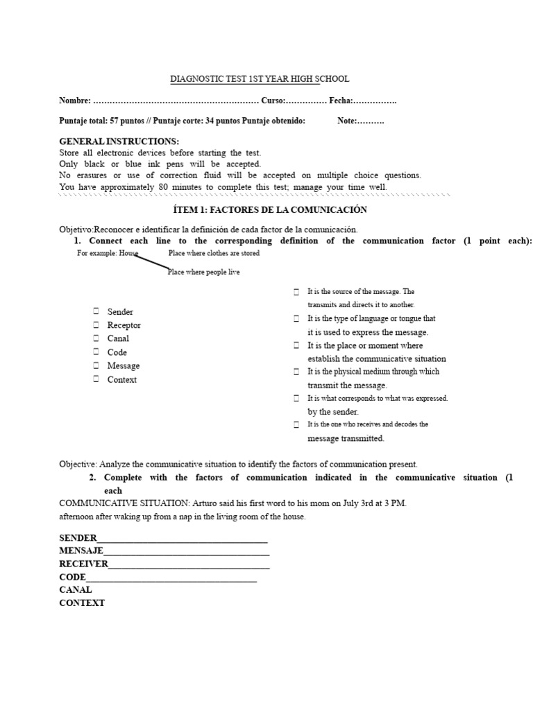 Diagnostic Test Language First Year of Middle School | PDF ...