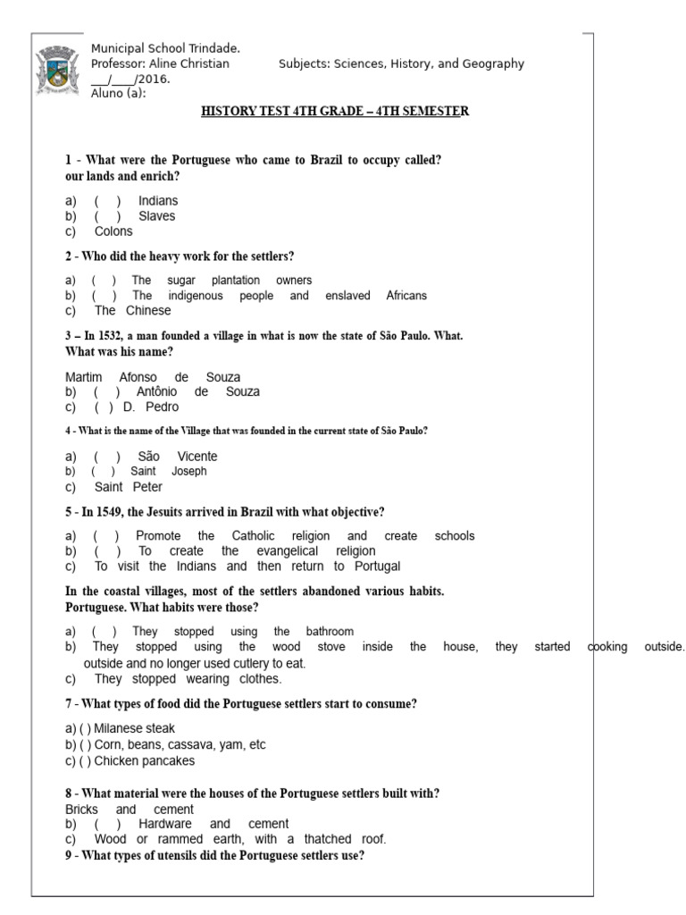 HISTORY TEST 4th grade.docx | PDF