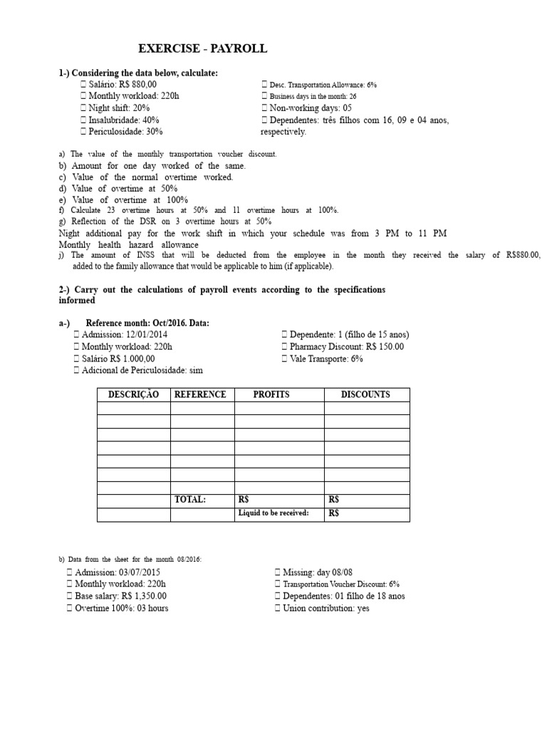 Payroll Exercise | PDF | Payroll | Overtime