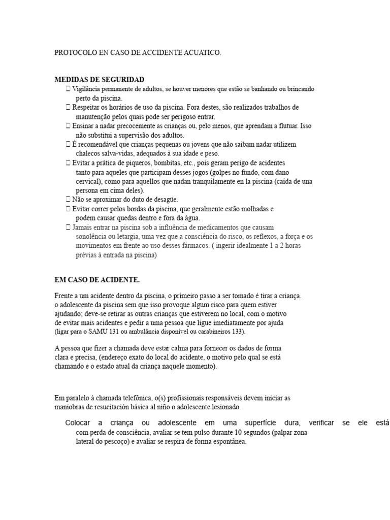 Protocolo em Caso de Acidente Aquático | PDF | Piscina | Adolescência