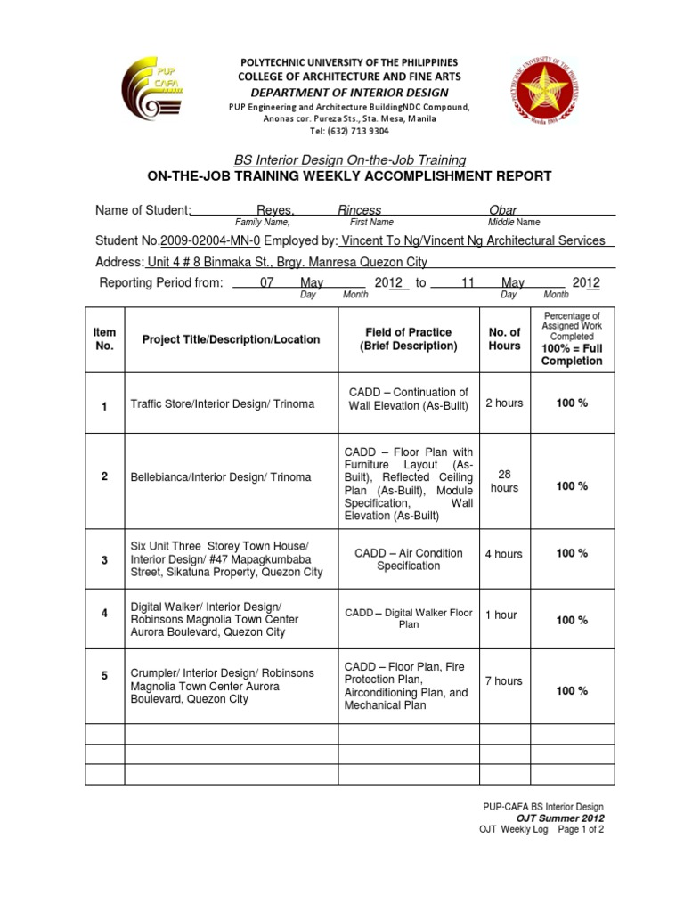 OJT Weekly Log May 07-11 2012 | PDF | Career & Growth | Art