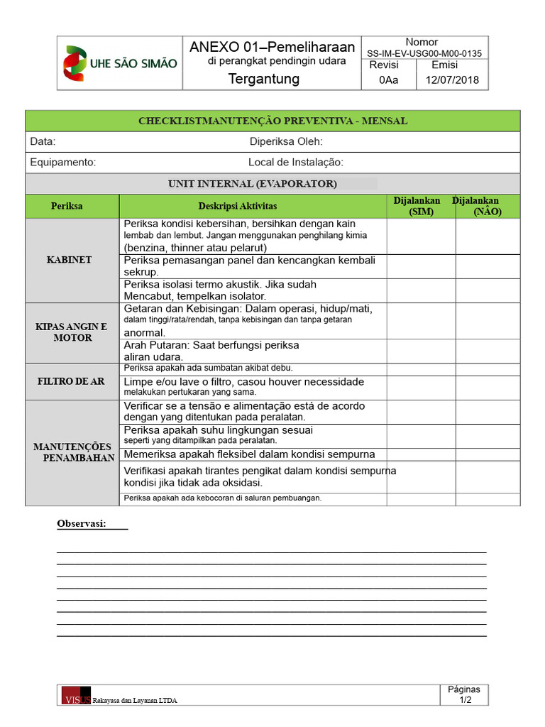 Checklist Pemeliharaan AC Bulanan | PDF