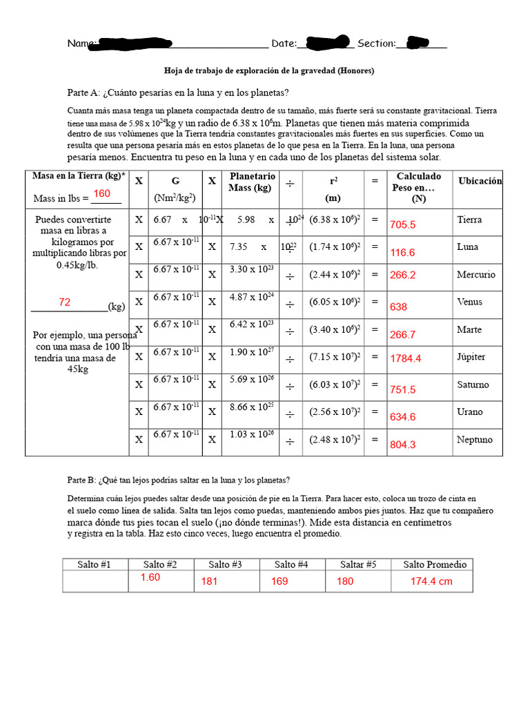 Hoja de Trabajo de Exploración de La Gravedad - Honores | PDF ...