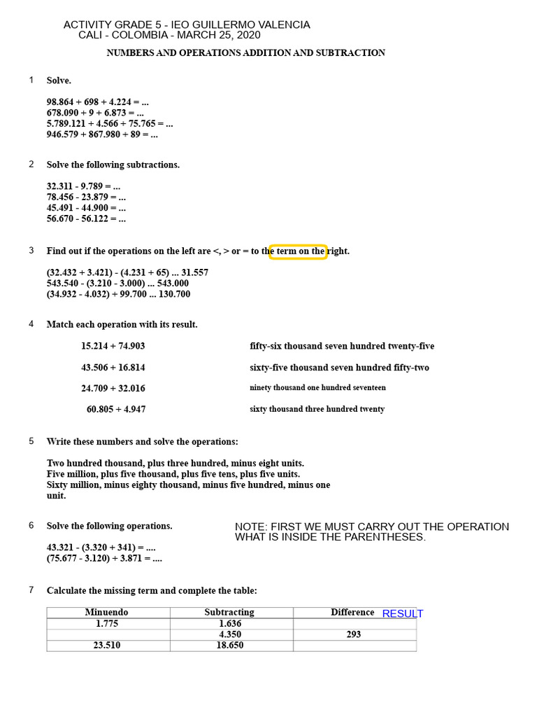 Grade 5 Math Operations Worksheet | PDF | Elementary Mathematics | Numbers