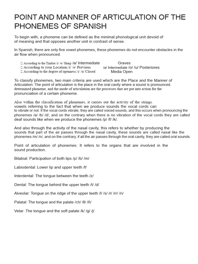 Point and Manner of Articulation of The Phonemes of Spanish | PDF ...