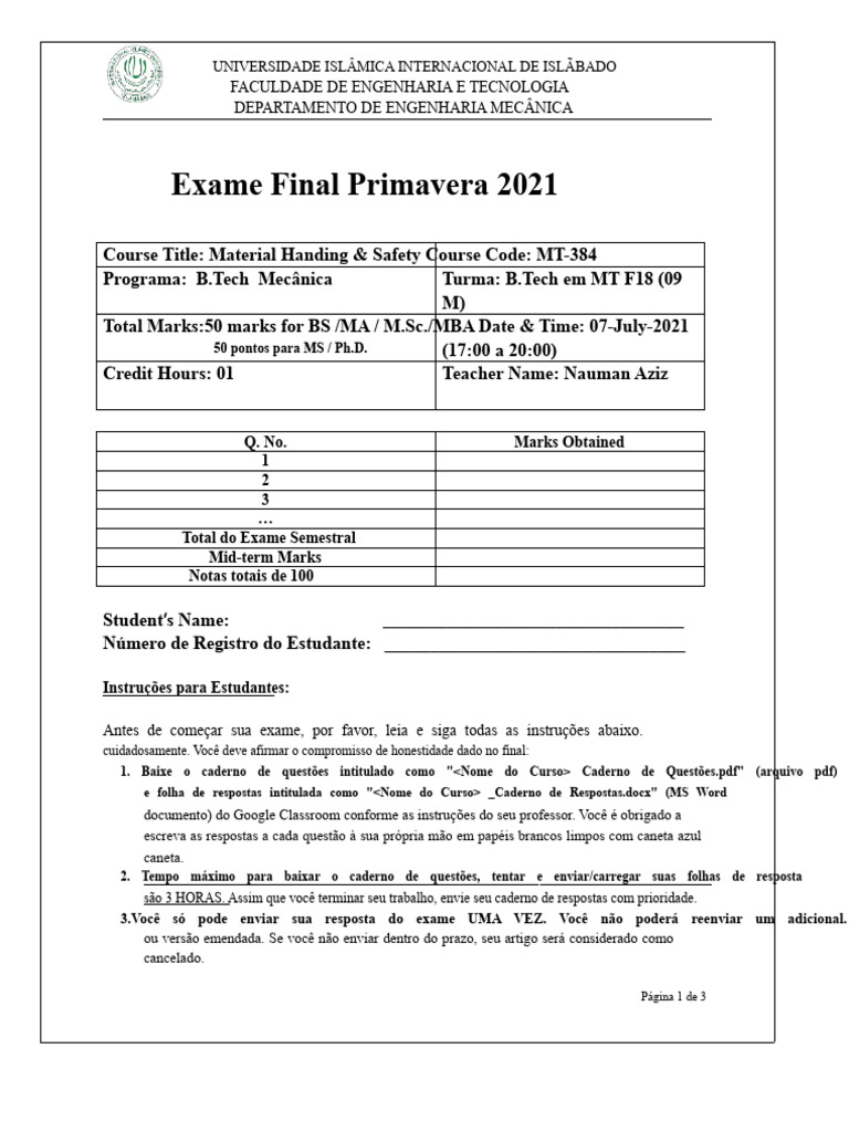 Modelo de caderno de respostas (MT 384) | PDF
