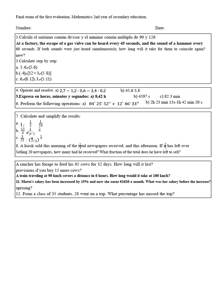 Final Exam First Evaluation 2nd Year of Secondary Education | PDF