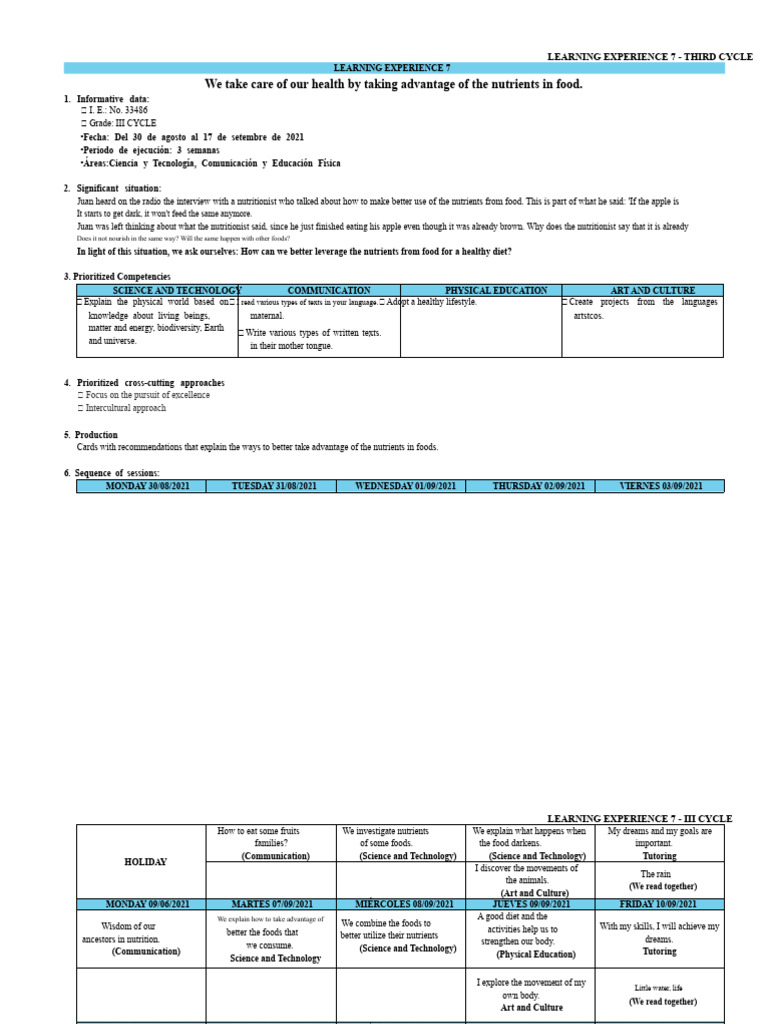 Learning Experience 7 - Third Cycle | PDF | Nutrition | Diet & Nutrition