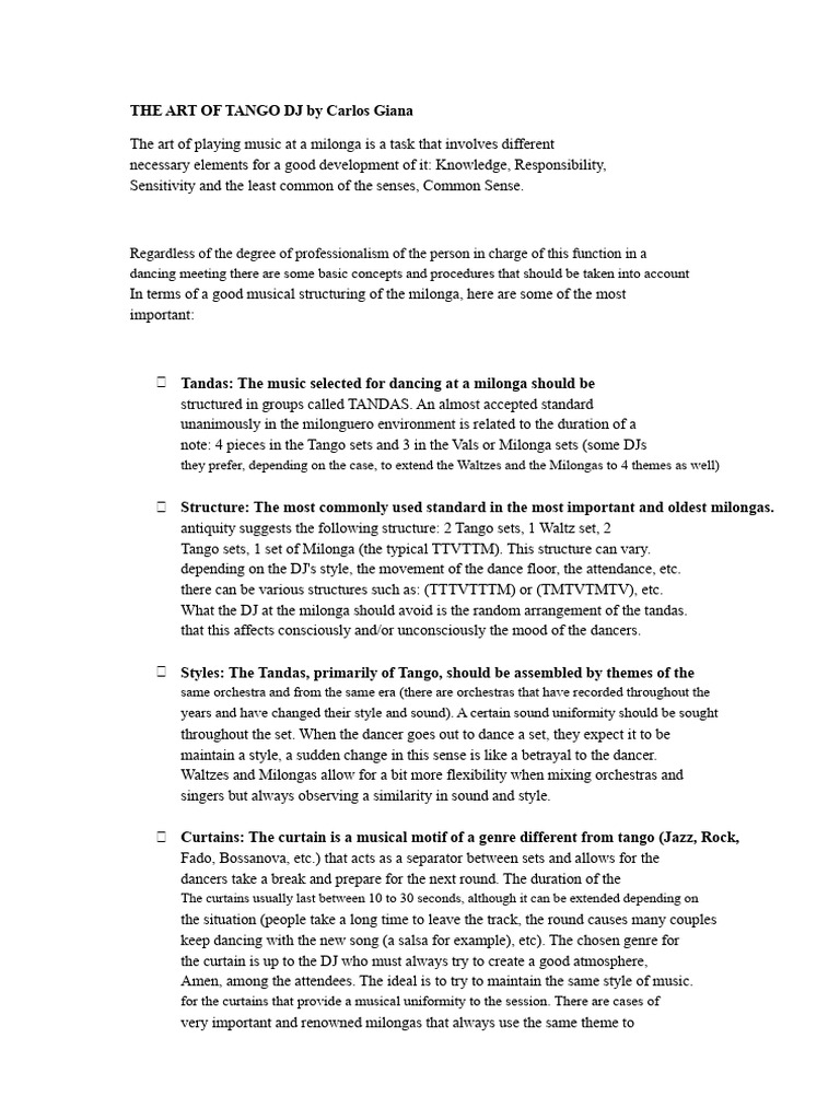 The Art of Playing Music at the Milonga by Carlos Giana | PDF | Dances | Tango