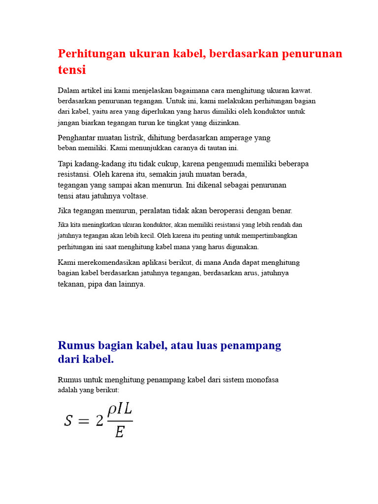 Cara Menghitung Ukuran Kabel Berdasarkan Penurunan Tensi | PDF