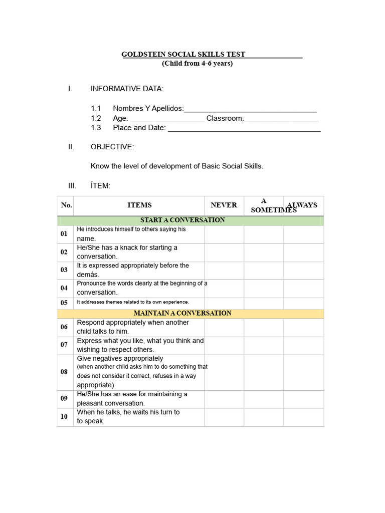 Goldstein Social Skills Test for Kids | PDF | Communication | Cognitive ...