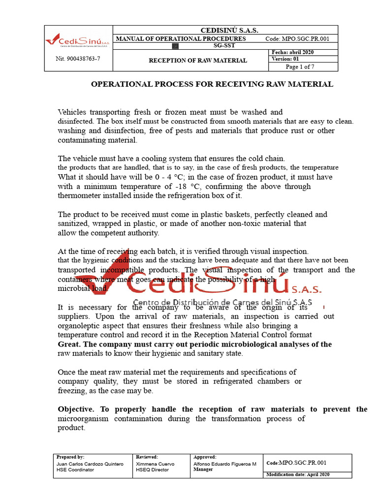 Operating Process For Receiving Raw Material | PDF | Hygiene