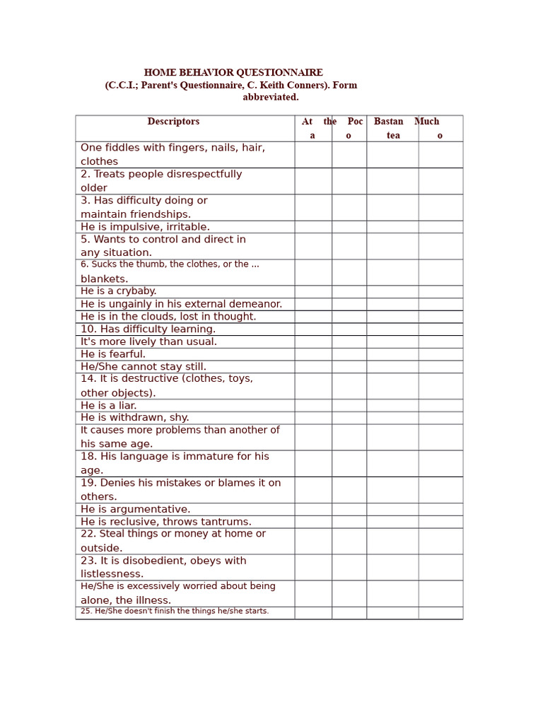 Home Behavior Questionnaire | PDF