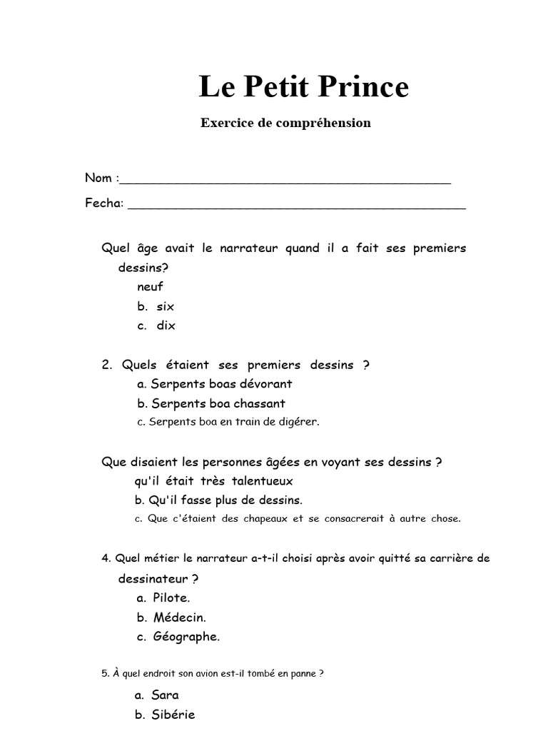 Exercice de compréhension Le Petit Prince | PDF | Le Petit Prince