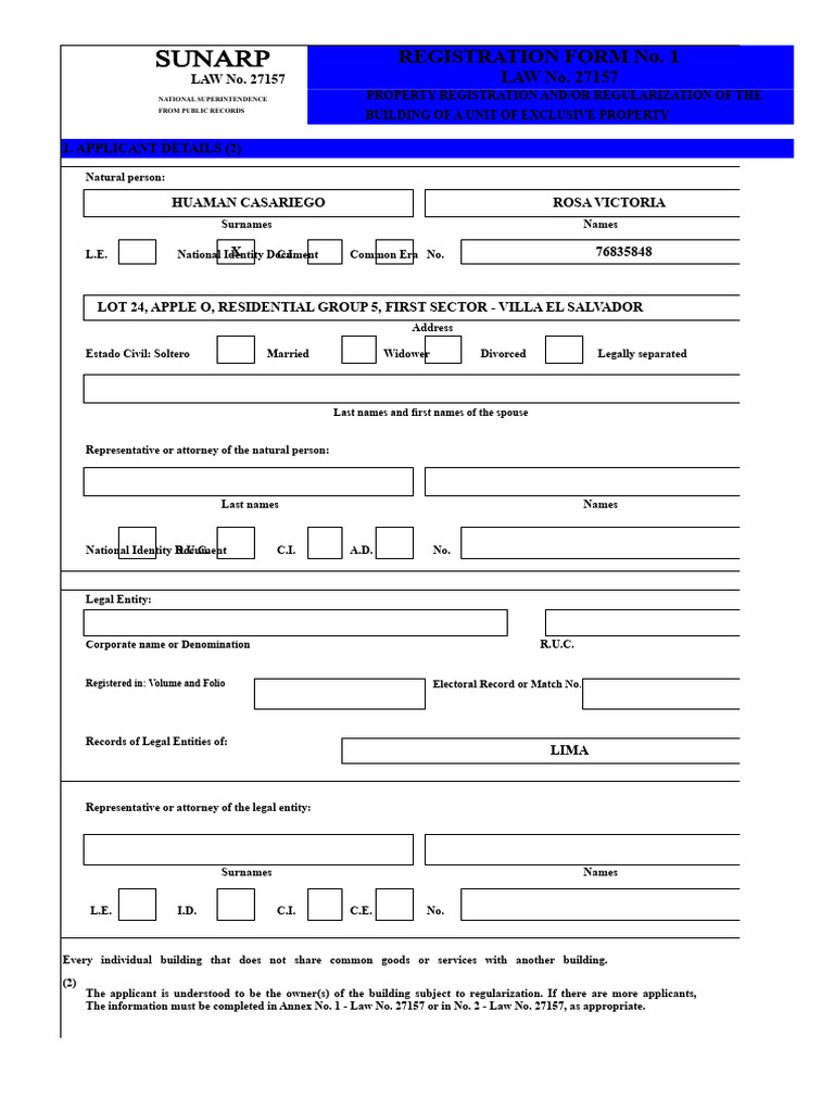 Registration Form N 1 Law 27157 Exclusive Property | PDF | Notary ...