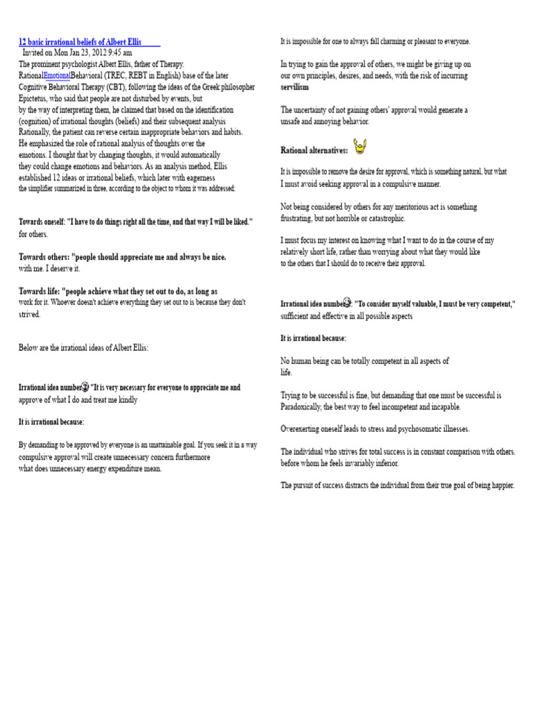 12 Basic Irrational Beliefs of Albert Ellis | PDF | Rationality | Emotions