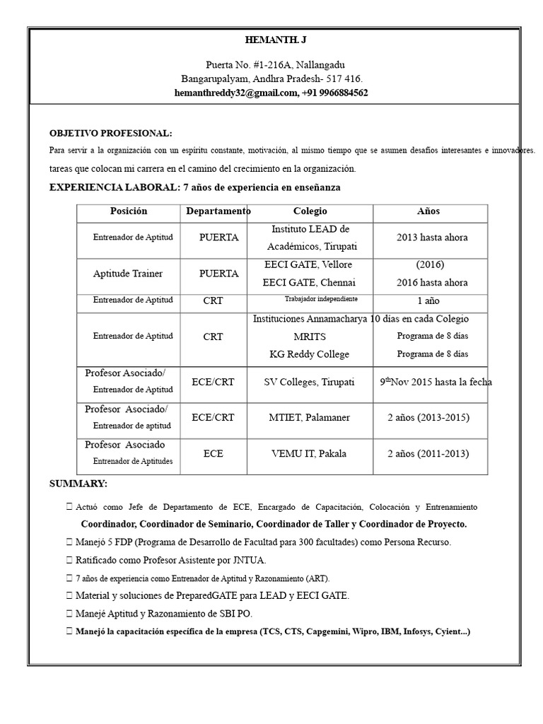 Currículum de Hemanth GATE | PDF