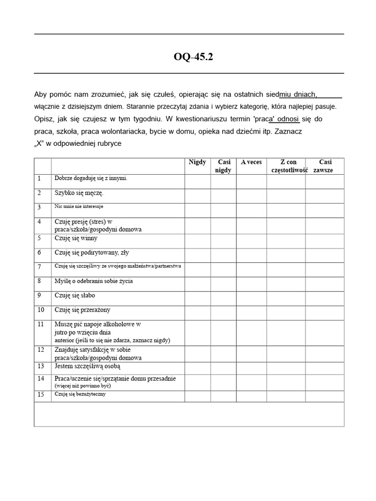 Kwestionariusz OQ-45.2 PDF | PDF