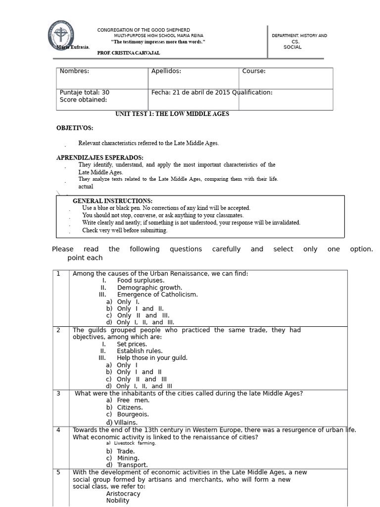 Late Middle Ages Unit Test Questions | PDF | Trade | Late Middle Ages