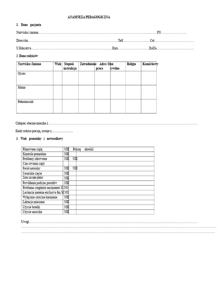 Anamneza Pedagogiczna | PDF