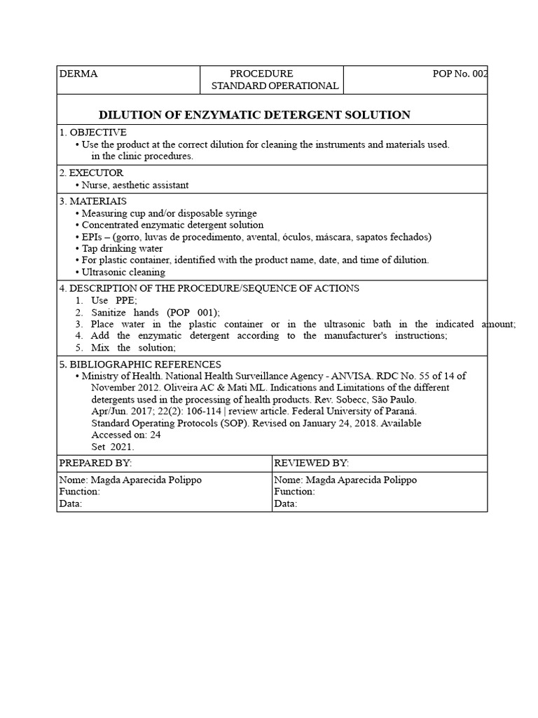 Pop 002 Dilution of Enzymatic Detergent Solution | PDF