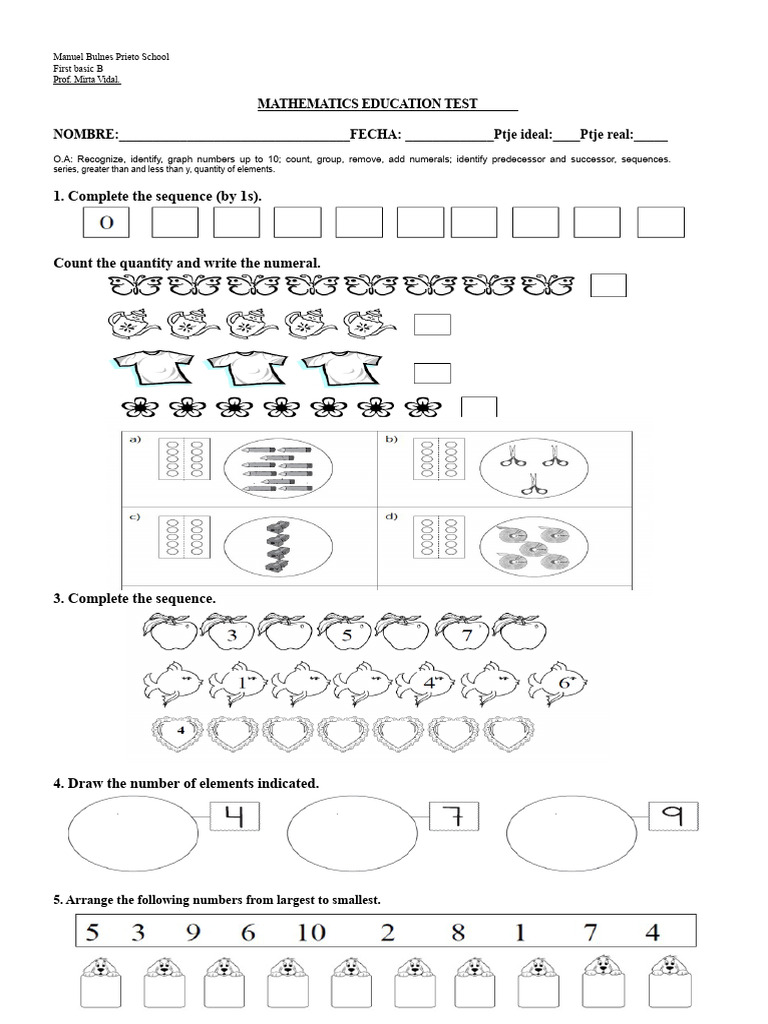 Mathematics Test First Numbers Up To 10 | PDF