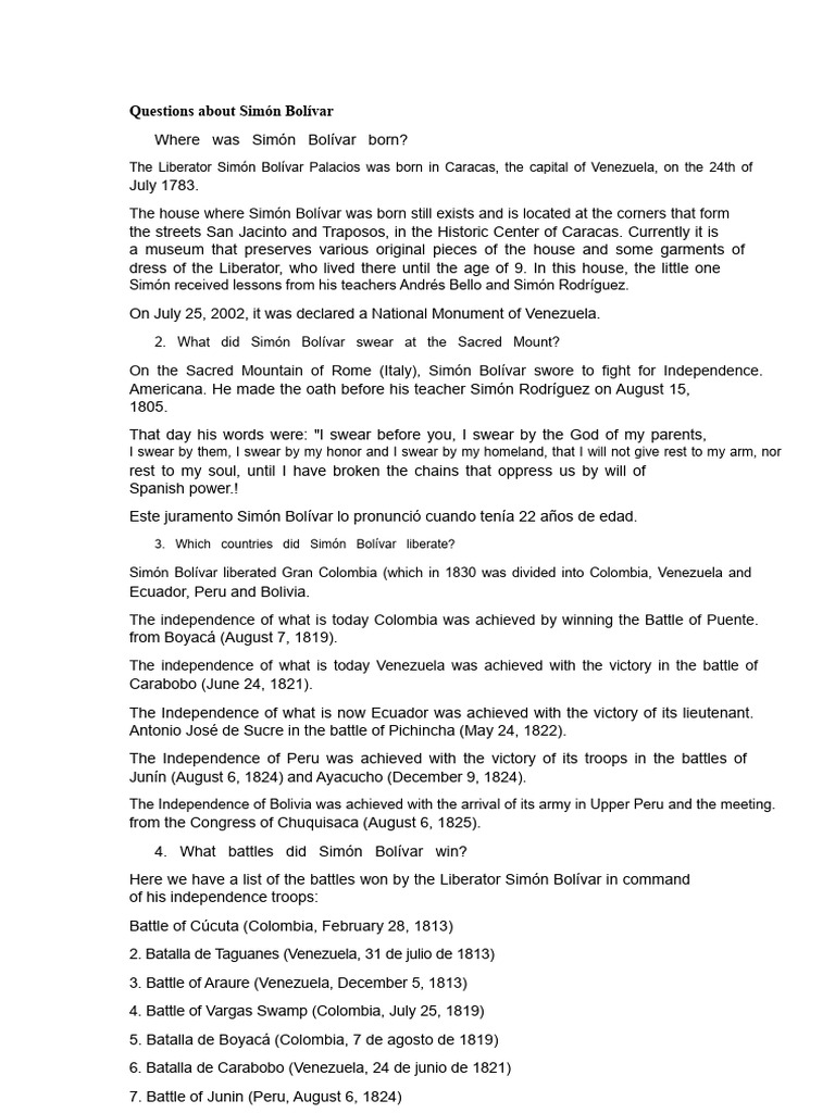 Questions About Simón Bolívar | PDF | South America | Military Operations