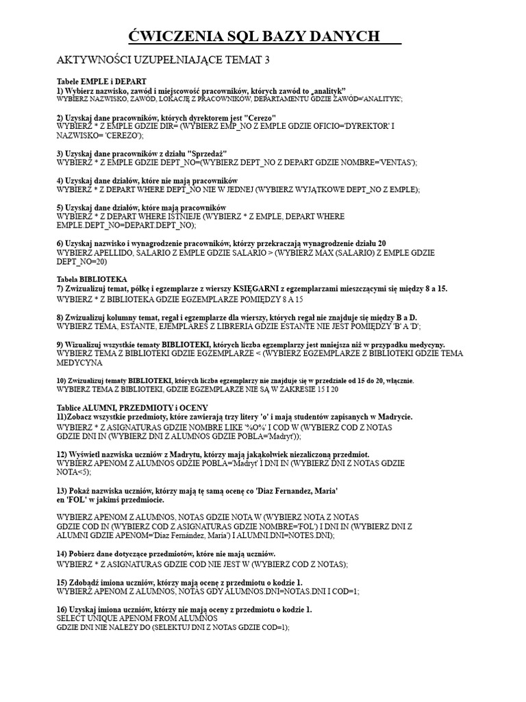 Ćwiczenia SQL Bazy Danych | PDF