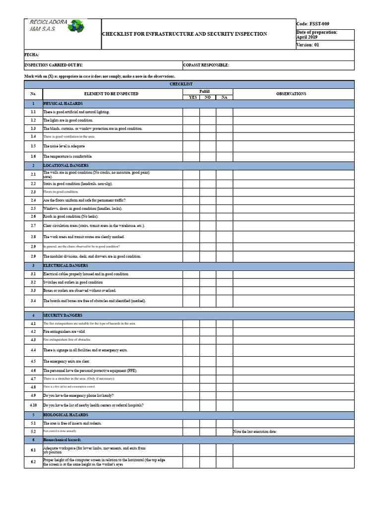 Fsst-009 Inspection Checklist For Infrastructure and Safety | PDF | Occupational Safety And ...