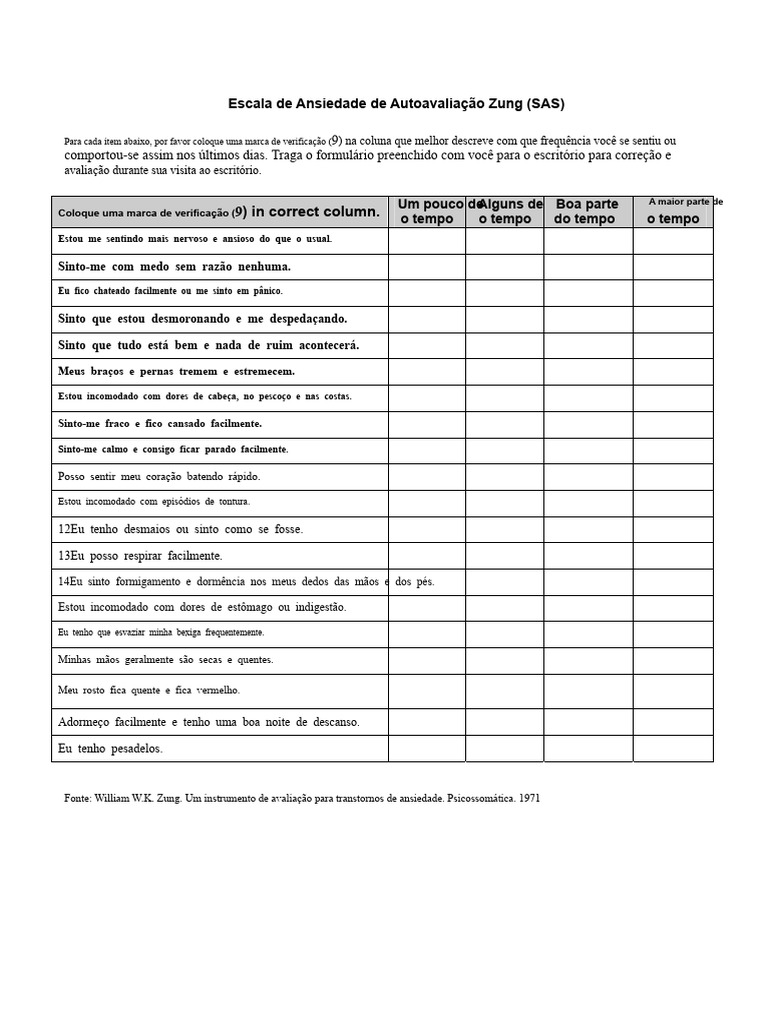 Escala de Ansiedade de Zung: Autoavaliação | PDF