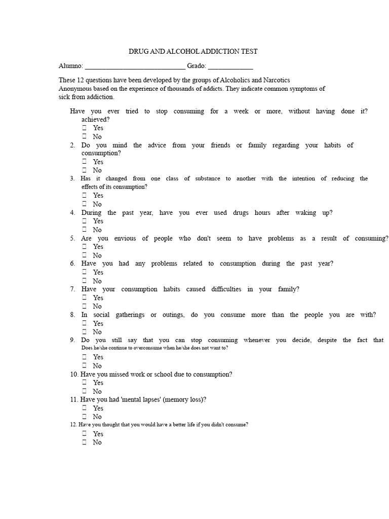 Drug and Alcohol Addiction Test | PDF | Substance Dependence | Alcoholism