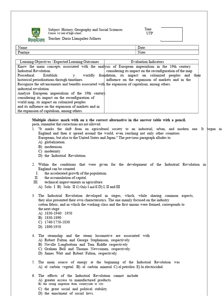 Test 1st Year High School Industrial Revolution | PDF | Imperialism ...