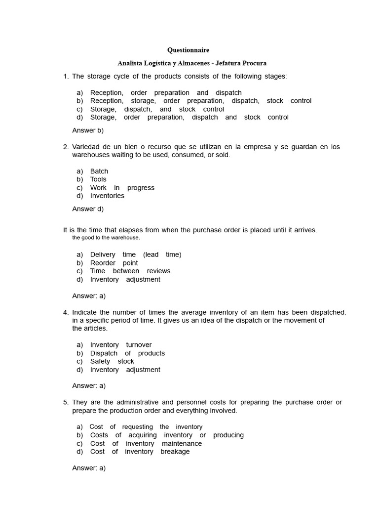 Questionnaire For Logistics and Warehousing Analyst | PDF | Logistics ...