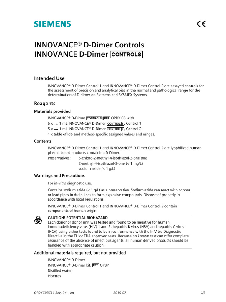 Innovance D-Dimer Controls Inserto | PDF | Medical Diagnosis | Clinical Medicine
