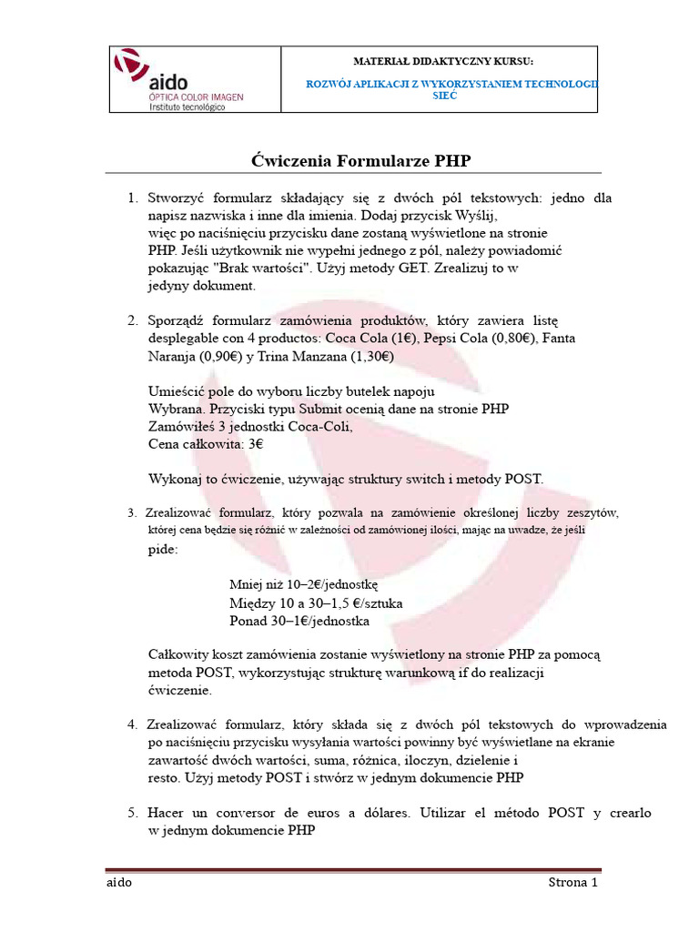 Ćwiczenie Formularz PHP | PDF