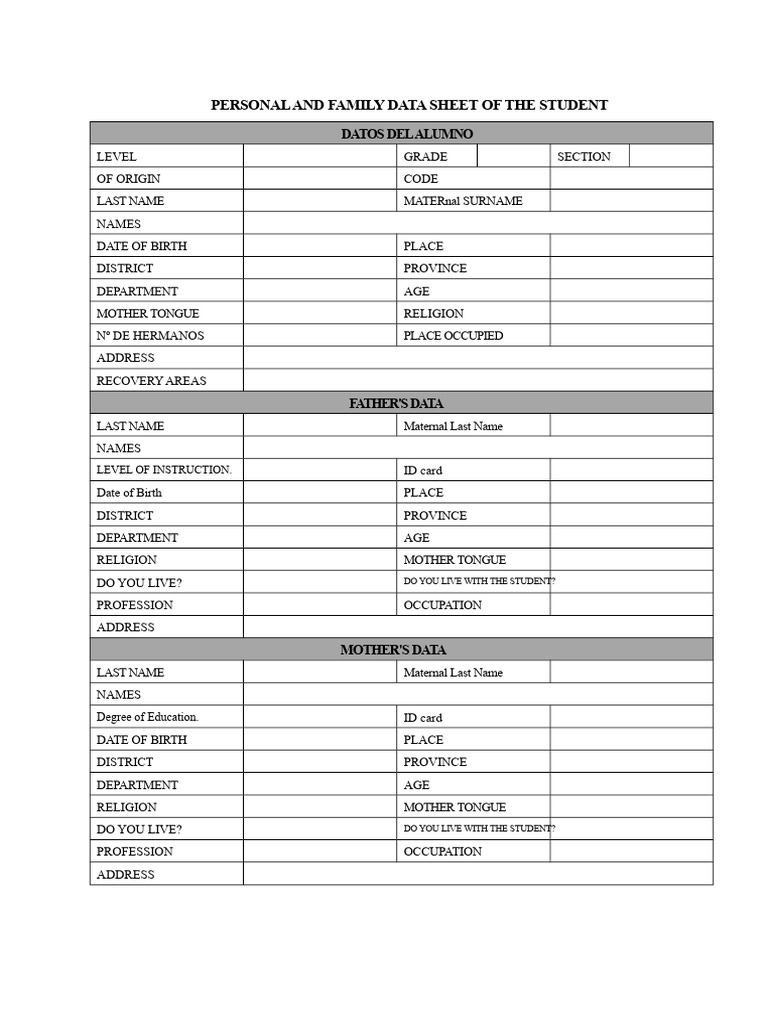 Personal and Family Data Sheet Per Student | PDF