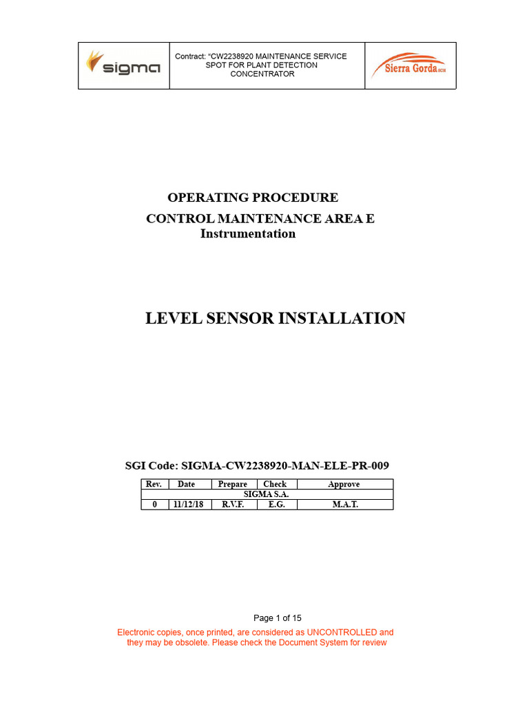 Level Sensor Installation Procedure | PDF | Occupational Safety And Health | Personal Protective ...