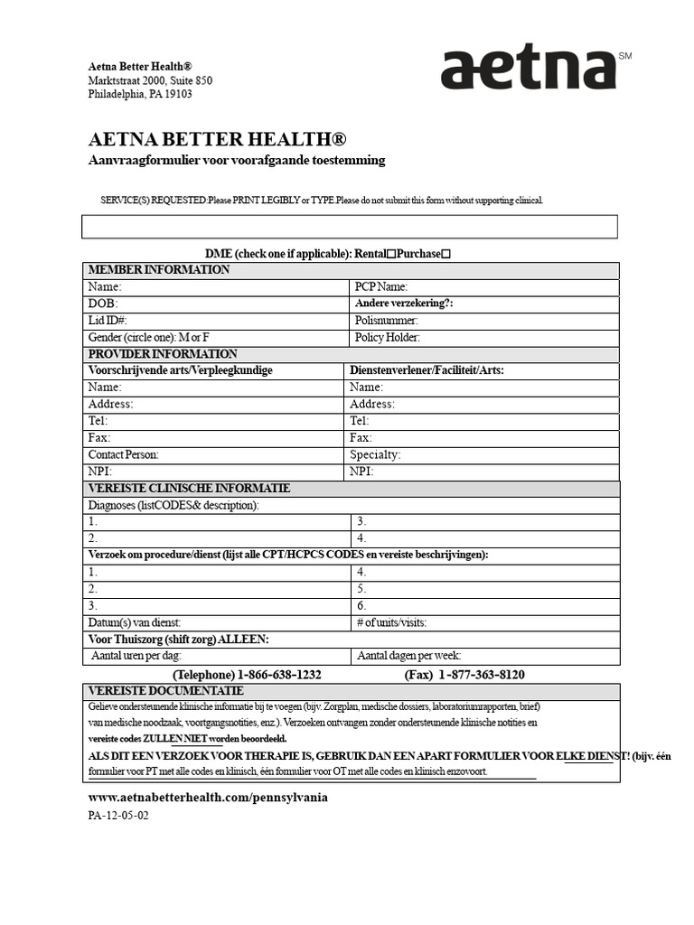 Aetna Voorafgaande Autorisatieformulier | PDF