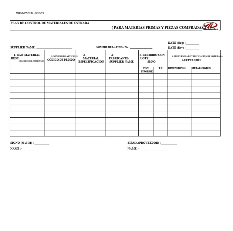 Plan de Control de Material Entrante | PDF