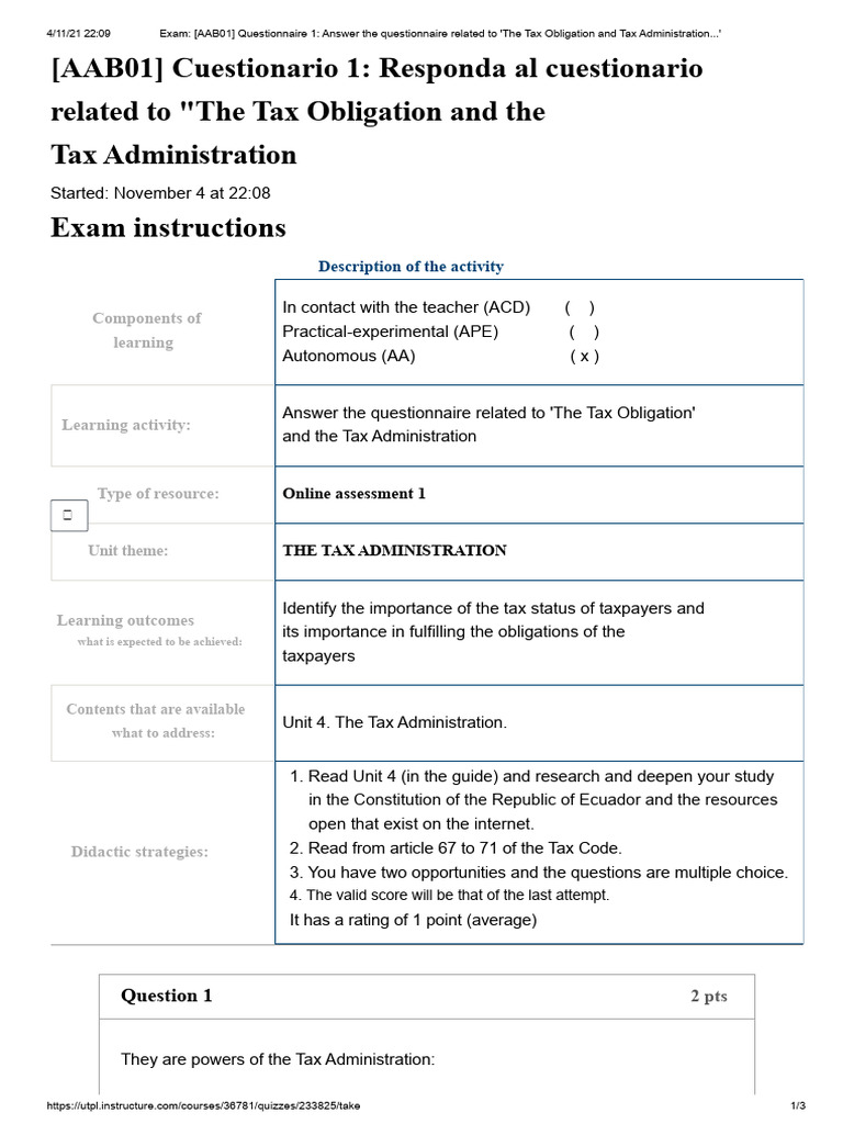 Exam (AAB01) Questionnaire 1 - Answer The Questionnaire Related To "The ...