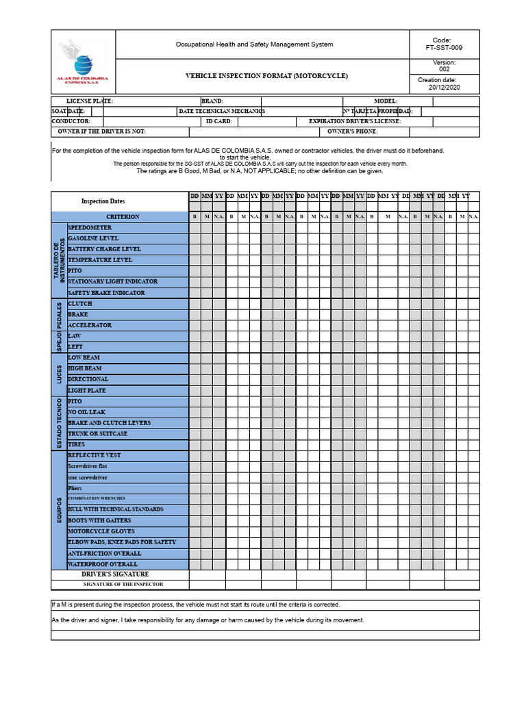 Motorcycle Inspection Form Guidelines | PDF | Vehicles | Vehicle Technology