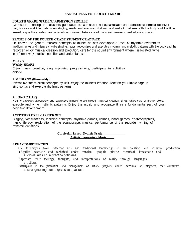 Annual Plan For Fourth Grade Music | PDF | Recorder (Musical Instrument ...