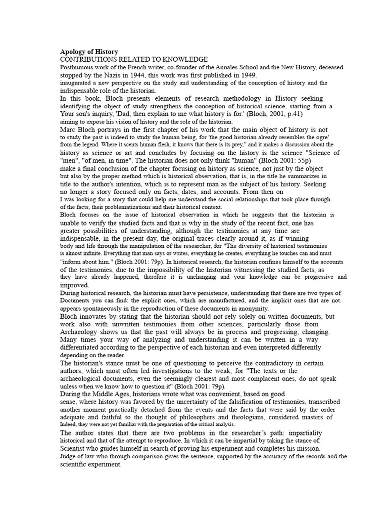 Summary of Marc Bloch - Apology of History | PDF | Knowledge | Historian
